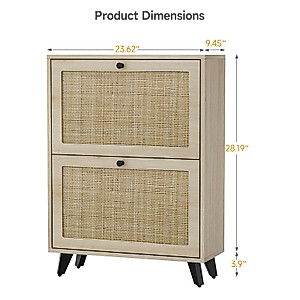 Angel Sar Rattan Shoe Cabinet for Entryway, Slim Shoe Storage Cabinet with 2 Flip Drawers, Hidden Shoe Organizer, Shoe Rack Cabinet with Metal Legs, Natural Wood