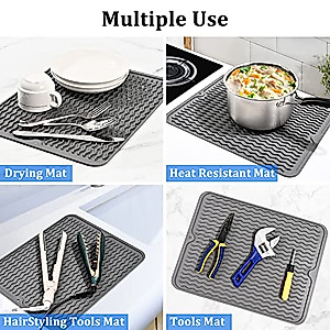 Elyum Dish Drying Mat, Silicone Drying Mat Heat Resistant Dish Mat Non-Slip Easy Clean Drying Mats for Kitchen Counter Sink(16" x 12'', Gray)