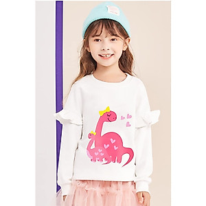Little Hand Toddler Girls Shirts Dinosaur Heart Shirts Long Sleeve Ruffle Toddler Pullover White Sweatshirt 5t