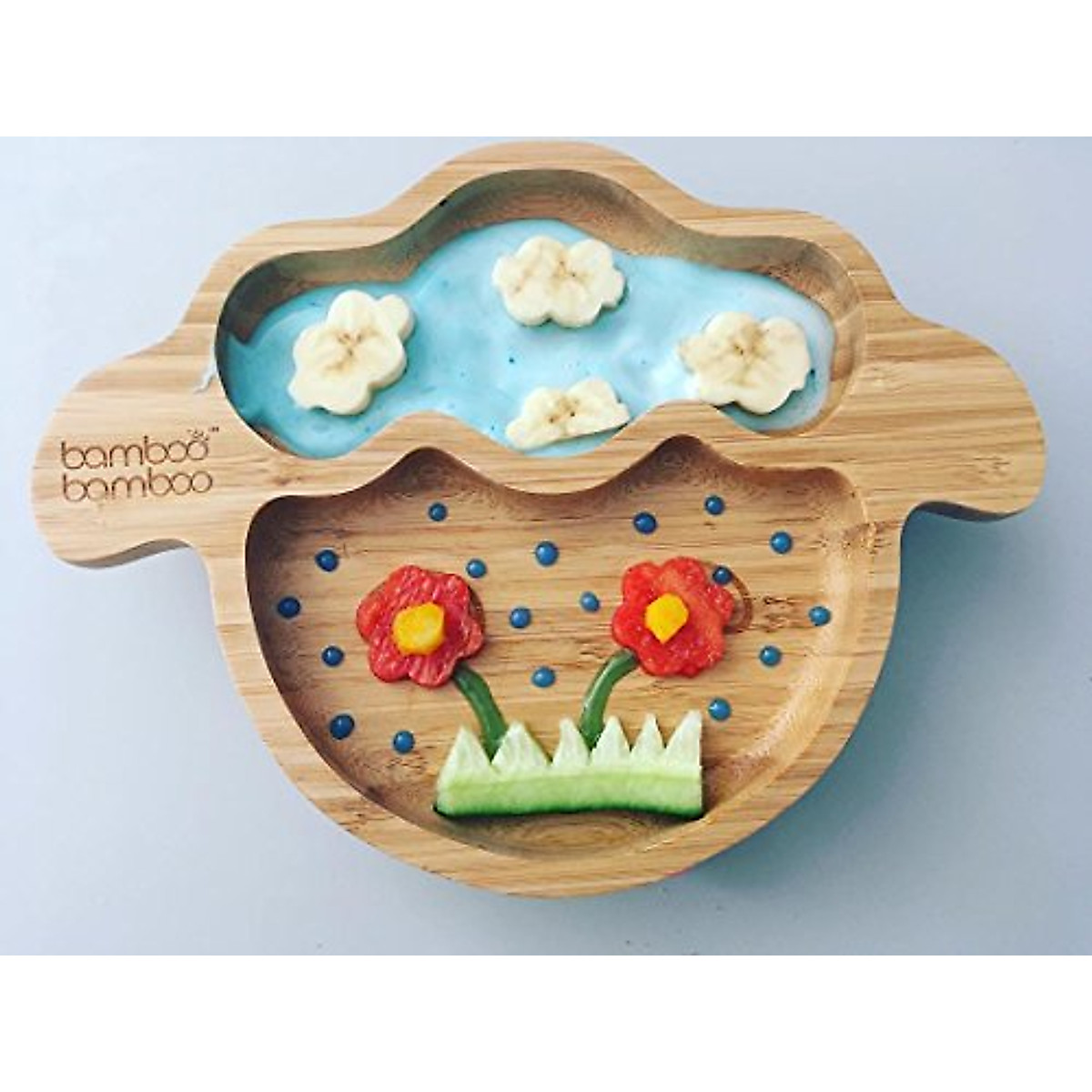 Bamboo Baby Plate with Suction - Kids and Toddler Suction Cup Plate for Babies, Non-toxic All-Natural Bamboo Baby Food Plate Stays Cool to the Touch for Baby-Led Weaning (Lamb - Yellow)