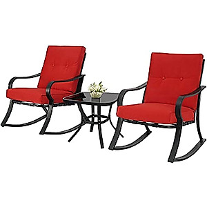 Omelaza 3 Pieces Outdoor Rocking Bistro Set, Patio Steel Furniture, Porch Chairs Conversation Set with Thickened Cushion and Glass Top Coffee Table (Red)