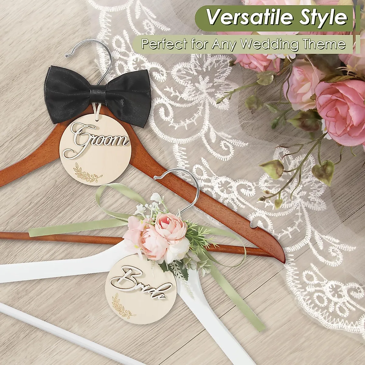 Bride Hanger, 2 Pack Wedding Hanger Bridal Hanger Bride Groom Hanger Personalized Name Tags, Dark Wood and White Wood Bridal Dress Hanger, Ideal Keepsake for Wedding Day Photos and Gift (Pink&White)