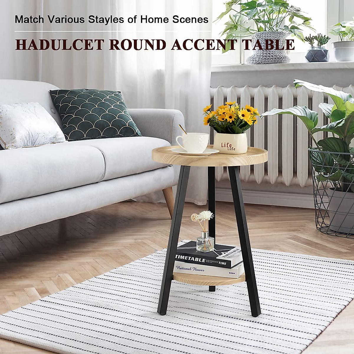 Hadulcet Accent Table, Small Round Side Table Round Nightstand for Small Space, Wooden Shelves & Metal Legs, Natural Wood Color