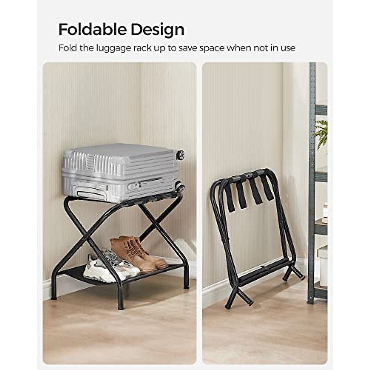 SONGMICS Luggage Racks, Set of 2, Suitcase Stand with Fabric Storage Shelf, for Guest Room, Bedroom, Hotel, Foldable Steel Frame, Holds up to 110 lb, 27.2 x 15 x 20.5 Inches, Black URLR002B02