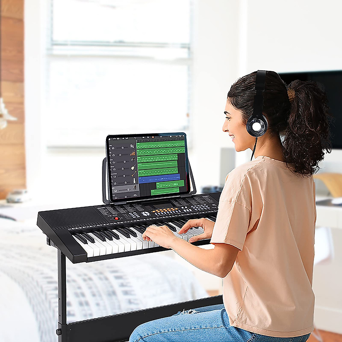 Smartxchoices 61-Key Electronic Keyboard Piano Stand Portable LED Display Keyboard Kit with Adjustable Stand, Adjustable Stool, Headphones, Microphone & Music Stand