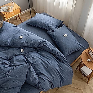 FACE TWO FACE Bedding Duvet Cover Set 3 Pieces 100% Washed Cotton Duvet Cover Linen Like Textured Breathable Durable Soft Comfy (Queen, Denim)