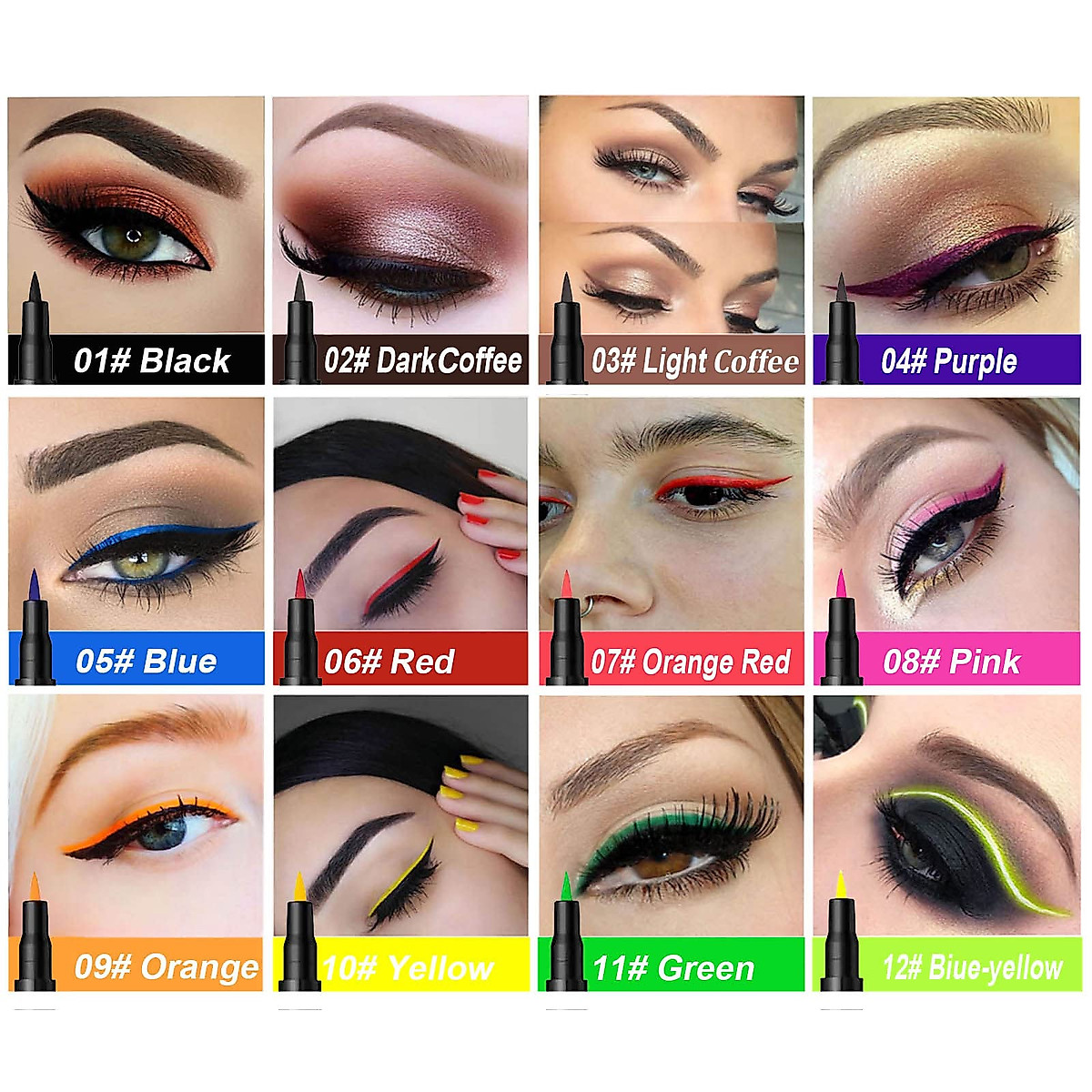 Sumeitang 12 Pcs Matte Liquid Colored Eyeliner Set, Colorful Neon Eye Liners For Women Waterproof Smudge Proof Highly Pigmented Rainbow Eyeliner Pencil Quick Dry Eyes Makeup Pen 12 Colors Kit