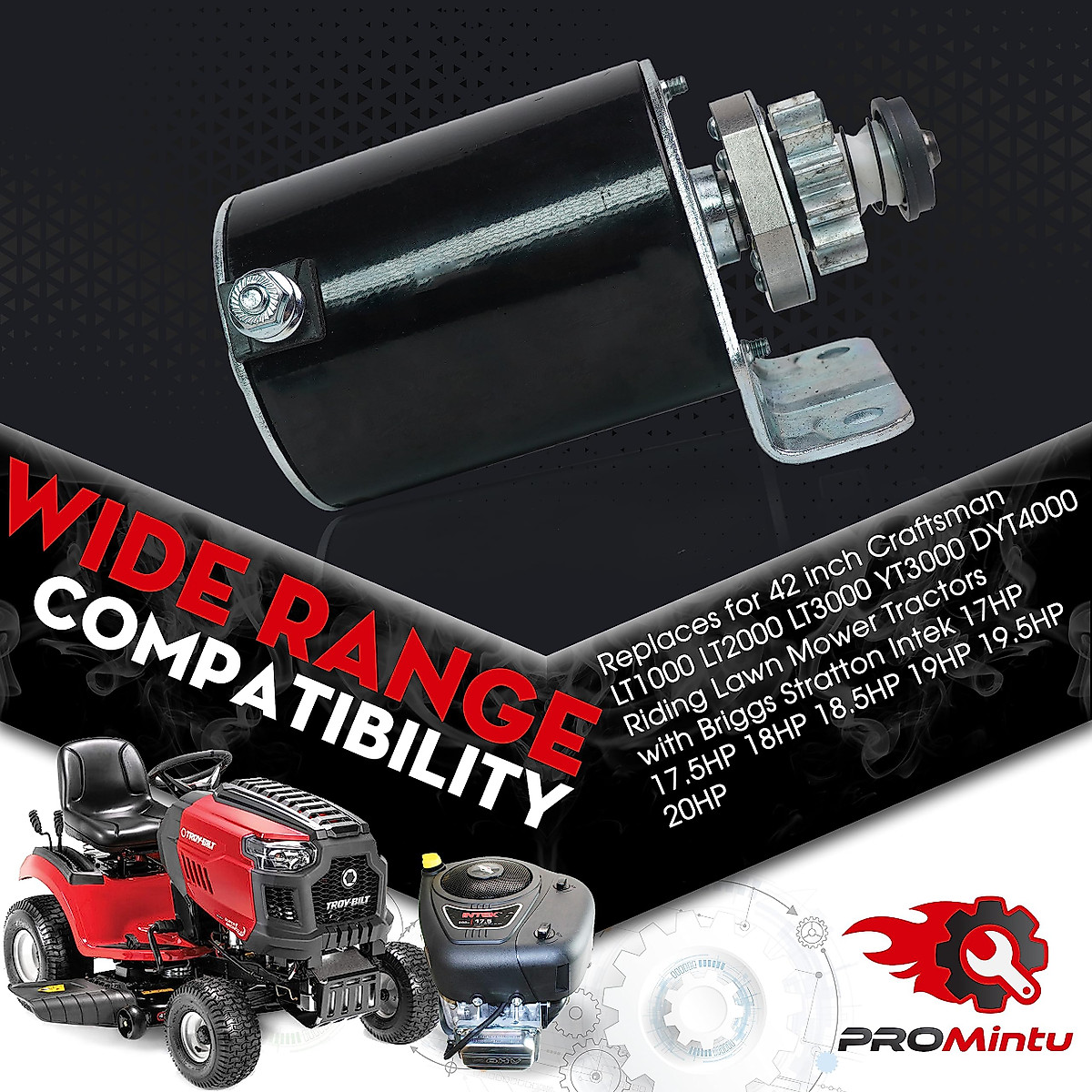PROMintu 14 Tooth Starter Motor Replaces for 42 inch Craftsman LT1000 LT2000 LT3000 YT3000 DYT4000 Riding Lawn Mower Tractors with Briggs Stratton Intek 17HP 17.5HP 18HP 18.5HP 19HP 19.5HP 20HP
