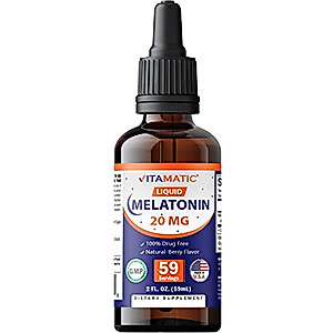 Vitamatic 2 Packs Melatonin 20mg Liquid Drops - 2 Fluid Ounce (59ml) - Natural Berry Flavor - for Adults - Non-GMO - Vegetarian Supplement