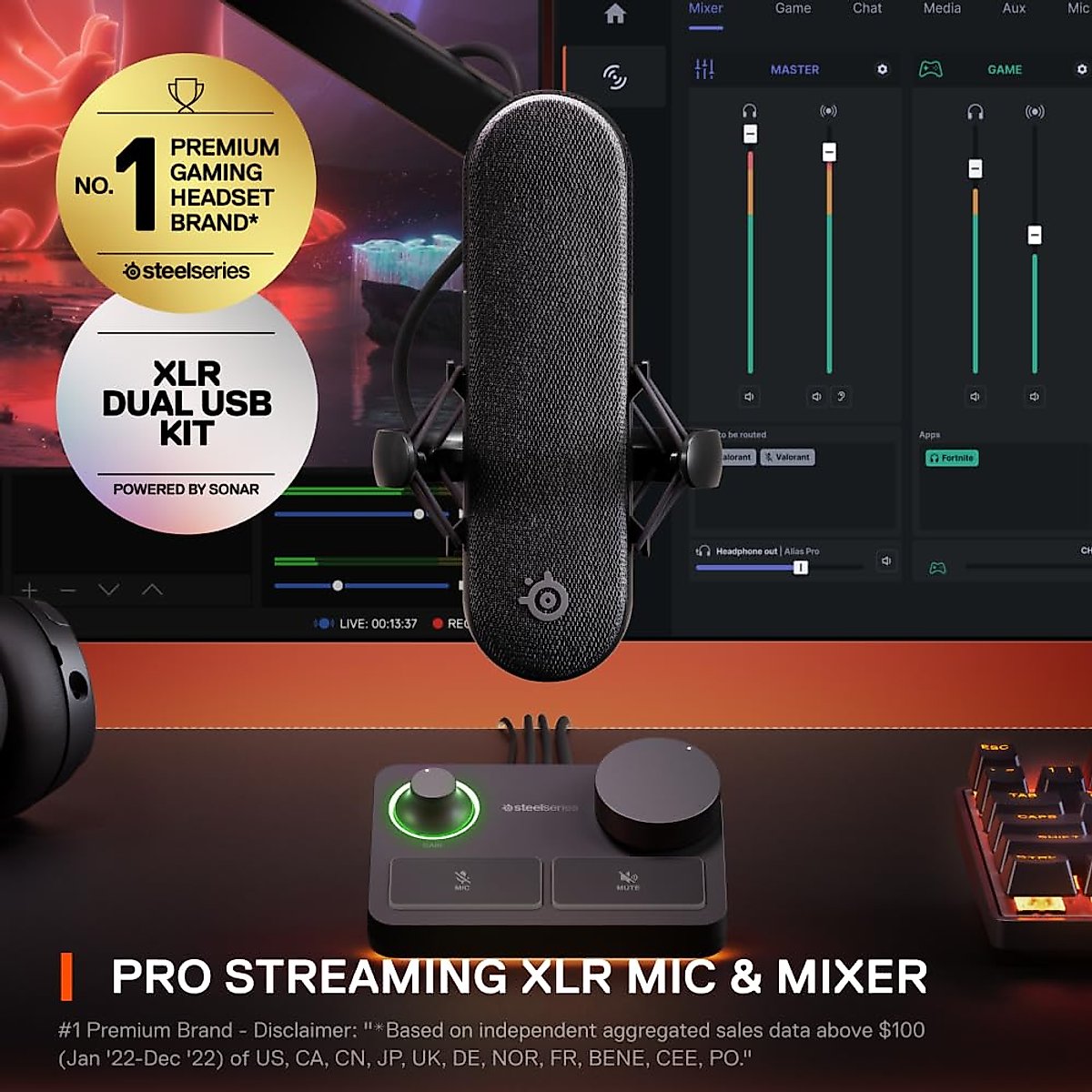 SteelSeries Alias Pro Kit — XLR Mic + Stream Mixer — 3x Bigger Capsule for Gaming, Streaming and Podcasting — USB/XLR Interface — Free Sonar Audio Software — Custom Controls — RGB — Single or Dual PC