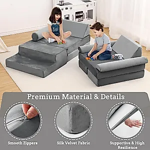 GarveeHome Modular Kids Couch 13PCS Nugget Couch,Toddler Couch for Creative Boys Girls, Convertible Nugget Couch Kids Modular Play Couch, Kids Sofa for Playroom,Grey 56.7"x28.35"