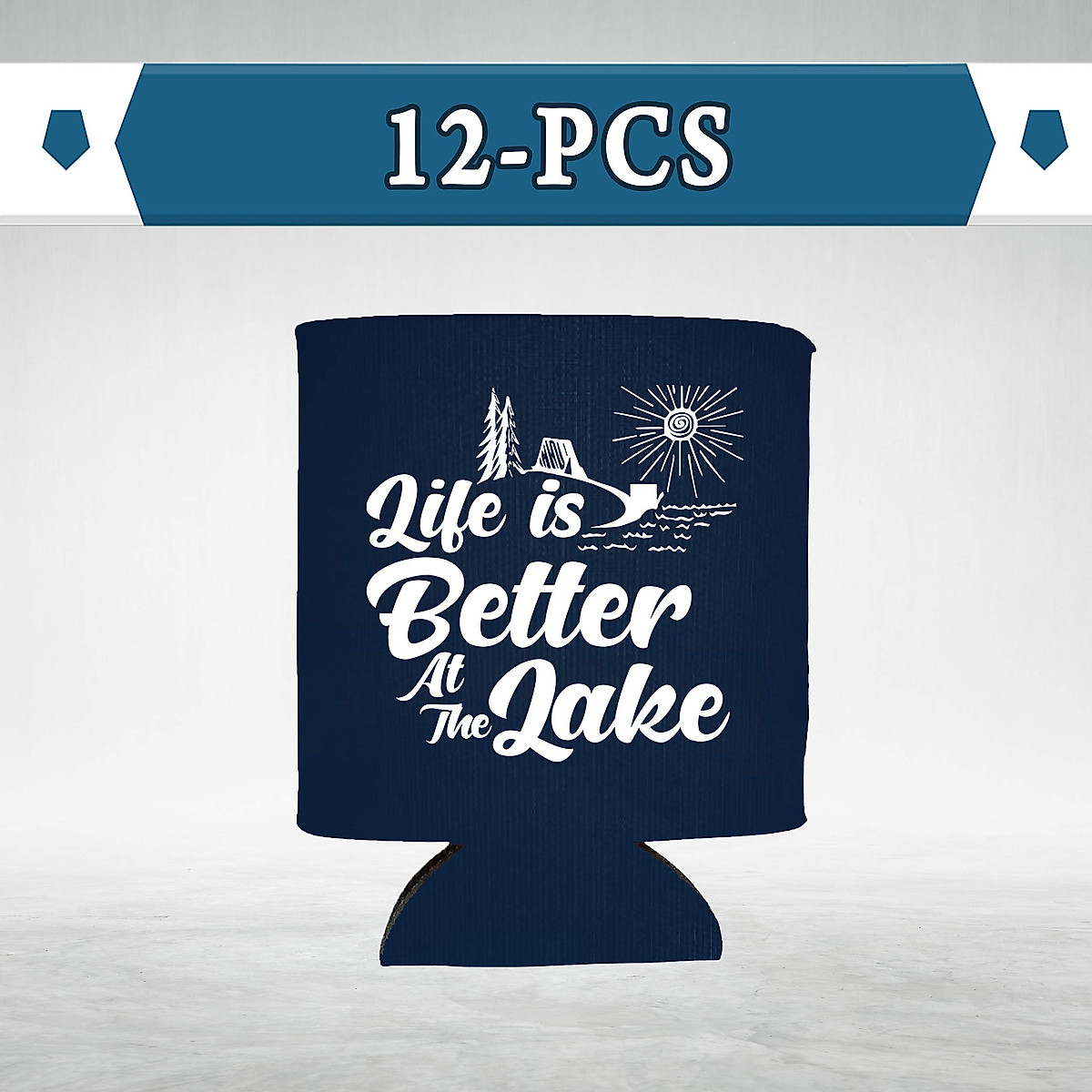Life is Better At The Lake Can Coolie Can Sleeve Cooler Insulated Drink Coozies Soda Beer Hugger Coolies (Navy, 12 Pk)