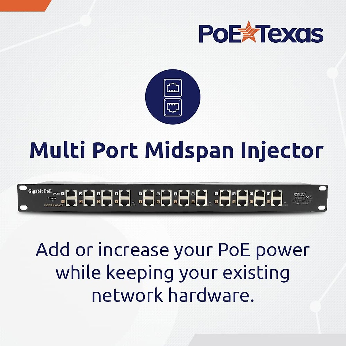 PoE Texas - PoE Injector - 12 Port Gigabit Passive Midspan Injector with 48V 120 Watt UL Power Supply - Power Over Ethernet for 802.3af or at (PoE+) Devices VoIP Phone, WiFi Access Point, IP Camera