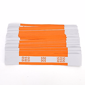 Self-Sealing Currency Straps - Pack of 100 Orange Bands for $50 Bills - Securely Organize and Transport Your Cash