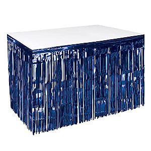 Beistle 1-Ply Metallic Plastic Foil Fringe Table Skirt Parade Floats, Mardi Gras Party, Birthday Decorations, Baby Shower Celebration, Wedding Reception, 30" x 14', Navy