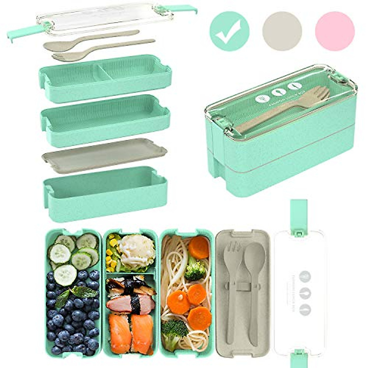 Edtsy Bento box for kids and adults with Dividers 1100 ml - Leakproof lunchbox with utensils - Lunch Solution Offers Durable, Leak-Proof, On-the-Go Meal and Snack Packing (Green)