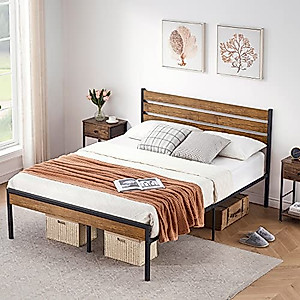 Alkmaar Bed Frame with Wood Headboard and Metal Slats Support Platform Bed Frame with Storage No Box Spring Needed (Queen) Black