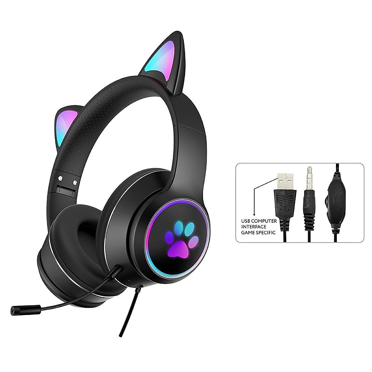 LVOERTUIG Cat Ear Headphones,Foldable and Stretchable Wireless Bluetooth Gaming Headset with RGB LED Light Wired Gaming Headset Stereo Sound,Over Ear Headphones Gift for Kids and Adult