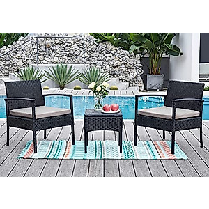 3 Piece Patio Conversation Furniture Set, Porch Furniture Rattan Bistro Sets, Patio Set Wicker Outdoor Chairs and Table Set with Coffee Table and Cushions for Yard Poolside Backyard, Brown
