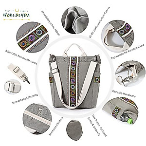 Worldlyda Women Vintage Canvas Tote Retro Hobo Purse Multi Pocket Crossbody Shoulder Bag Casual Top Handle handbag with Embroidery Ethnic (Grey)