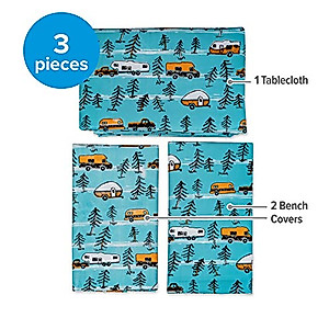 Camco Life is Better at the Campsite Tablecloth with Bench Covers | Provides a Clean Eating Surface for Outdoor Activities | Features an RV and Tree Sketch Design | (53380)
