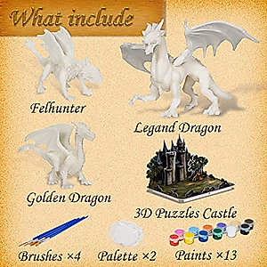 Kids Arts Crafts Set - Dragon Toys Painting Kit with 3 Dragons Figurines and 3D Jigsaw Puzzle Castle, Best Tween Paint Gift to Create Own Powerful Dragon