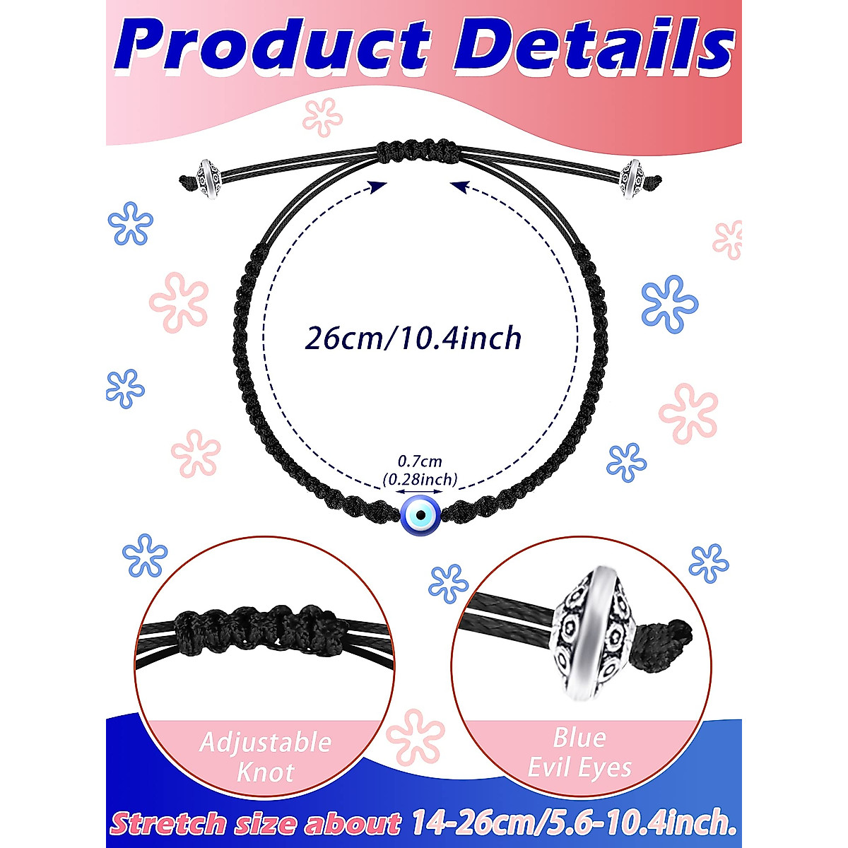 6 Pieces Evil Eye Rope Kabbalah Bracelets Evil Eye Adjustable Cord Bracelet Black Evil Eye Knotted Bracelet Summer Rope Bracelets for Women Men (Simple Style)