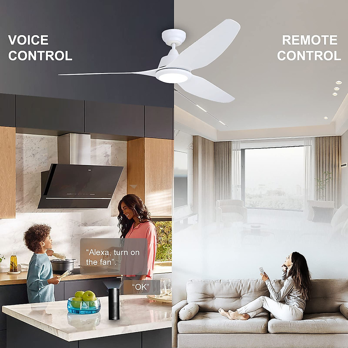 Ovlaim 56 Inch Smart Ceiling Fans with Lights and Remote, 3 Blade Indoor Outdoor Modern White Ceiling Fan for Bedroom Living Room Patio, High CFM Quiet DC Motor