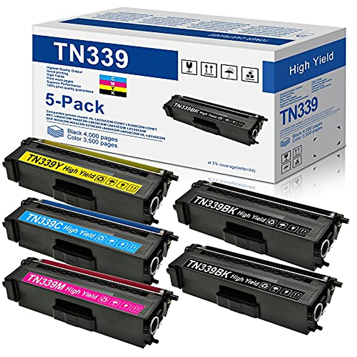 TN339 Super High Yield Toner Cartridges 5-Pack(2BK+1C+1M+1Y): Eaxiuc TN339BK TN339C TN339M TN339Y Toner Replacement for Brother HL-L9200CDW HL-L8250CDN HL-L8350CDWT MFC-L8850CDW MFC-L9550CDW Printer