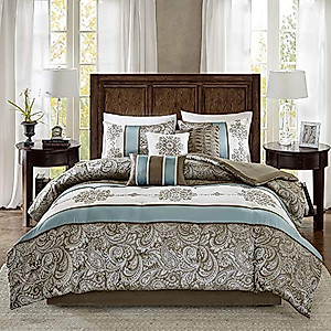 Madison Park Comforter Faux Silk-Traditional Luxurious Jacquard Design All Season Set, Matching Bed Skirt, Decorative Pillows, King(104"x92"), Blue 7 Piece