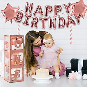 RUBFAC 1st Birthday Rose Gold Baby Shower Decorations for Girl Rose Gold Balloons 1st ONE Boxes Foil Balloon Hanging Swirls for Baby 1st Birthday Party