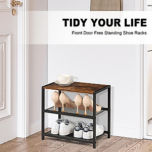 Aroktake Small Shoe Rack for Entryway, 3-Tier Metal Shoe Shelf, Free Standing Shoe Organizer for High Heels, Hallway, Closet, Bedroom, Living Room(Rustic Brown)
