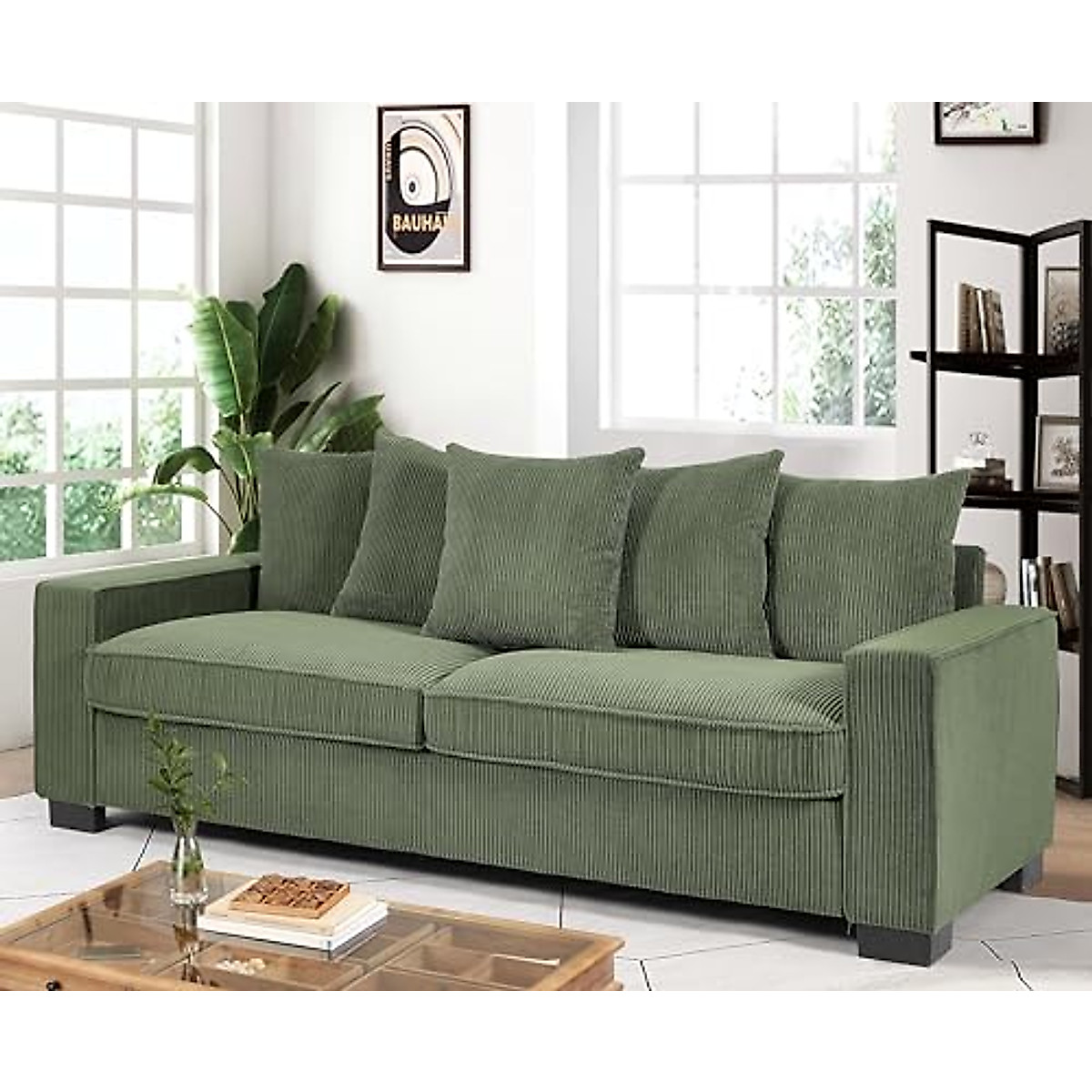 US Pride Furniture Luxe Living Room Sofa with 5 Complementary Toss Pillows, Soft Corduroy Upholstery, Streamlined Design, Ample and Cozy 3 Seater Couch for Modern Spaces, 88" Wide, Dark Green
