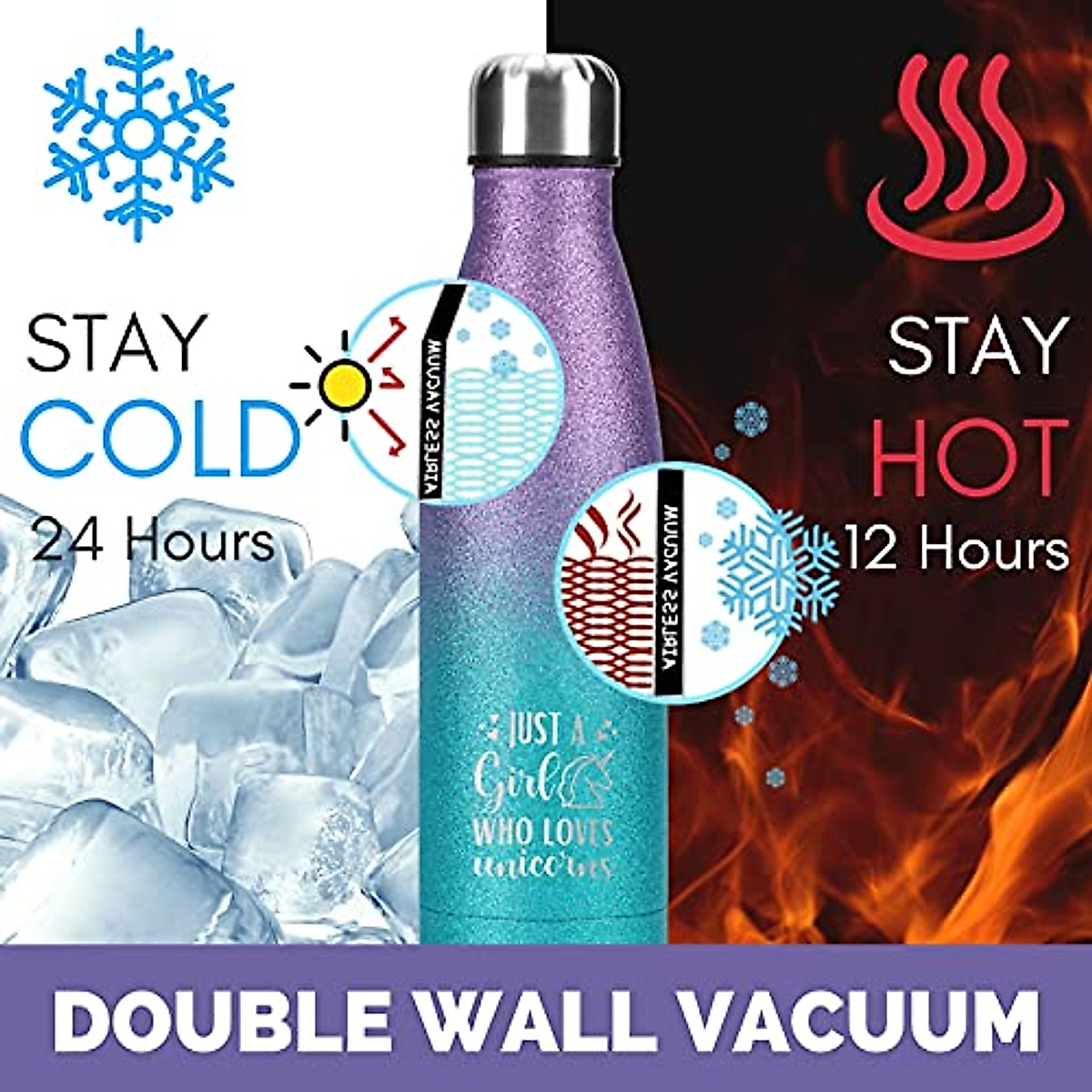 Unicorn Stainless Steel Water Bottle, Unicorn Gifts, Unicorn Party Supplies, Double Wall Vacuum Insulated Thermo Bottle Glitter Purple 17oz/500ml - Initial C