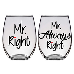 Gay Wedding, Engagement, Anniversary, Gift - Mr. Right, Mr. Always Right - Set of Two (2) Premium 21oz Stemless Wine Glasses