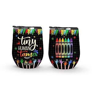 64HYDRO 12oz Tiny Human Tamer Funny Cute Teacher Gifts Insulated Wine Tumbler With Lid - Stainless Steel Wine Glass Mug Cup For Travel, Office, Home - NNRZ1612017Z