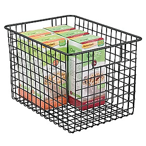 mDesign Metal Wire Food Storage Basket Organizer with Handles for Organizing Kitchen Cabinets, Pantry Shelf, Bathroom, Laundry Room, Closets, Garage - Concerto Collection - 2 Pack - Black