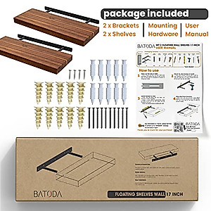 BATODA 17" Acacia Wood Floating Shelves Wall Mounted for Bathroom – Rustic Farmhouse Wooden Wall Storage Shelf for Bed Room, Kitchen, Home Décor - Brackets Included - 17 x 6 x 1.2 Inch - (Set of 2)
