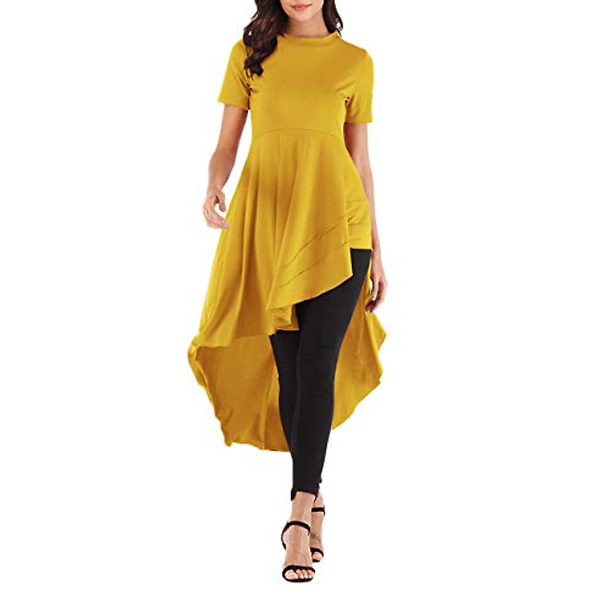Women's Ruffle High Low Asymmetrical Irregular Hem Tops Short Sleeve Tunic Top Yellow S