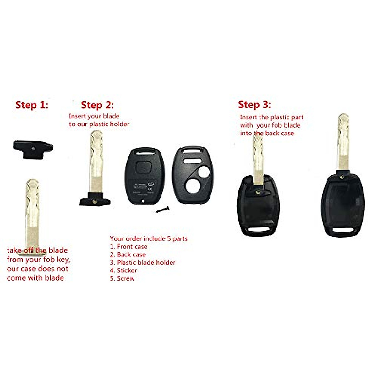 Horande Replacement Key Fob Cover Case fits for 2006 2007 2008 2009 2010 2011 Honda Accord Civic CRV Pilot Ridgeline Odyssey Keyless Entry Remote Key Fob Shell 2+1 Button (Black)