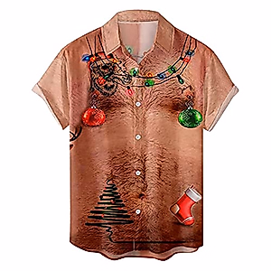 PARREN Novelty 3D Graphic Christmas Button Down Shirts for Mens Ugly Santa Reindeer Hawaiian Beach Holiday Bowling T-shirt Vintage Short Sleeve Slim Fit Lightweight Tee Tops