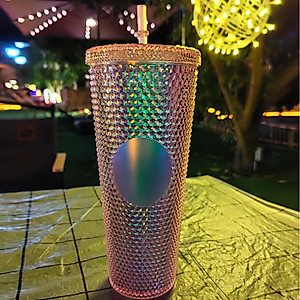 Studded Tumbler With Straw Tumblers With Lids And Straws Pink Tumbler With Straw Textured Cup BPA-Free Double-Wall Plastic Tumblers for Iced Coffee Cold Drinks or Water 24 Oz