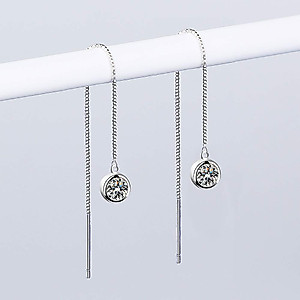Women 925 Sterling Silver Brilliant Round Cut CZ Needle Threader Pull Through Dangle Earrings