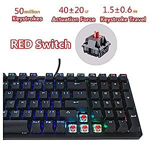 Mechanical Gaming Keyboard Compact 98 Key， Red Switches ， Custom Made chip Computer Keyboard -USB Connection Multi-Color Rainbow programmable RGB with Red Switches,for Windows PC Gamers