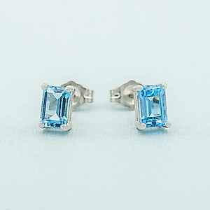 Timeless Love Octagon Blue Topaz Stud Earrings Set in Polished Sterling Silver, Dainty Jewelry, Women’s Fashion Earrings