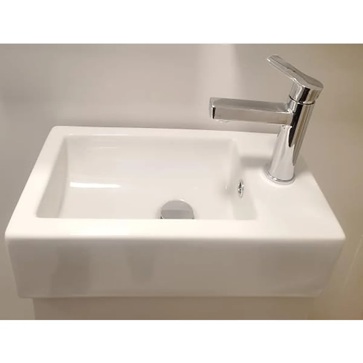 AMASHEN 18" Wall Mount Bathroom Sink, Floating Vanity Unit Sink, Small Rectangular Ceramic Cloakroom Wash Basin, White, Right Hand