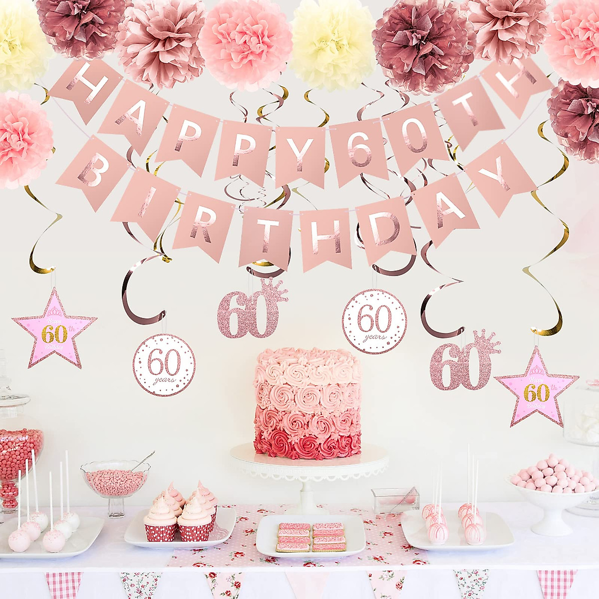 GuoZhiXin Rose Gold 60th Birthday Party Decorations , Rose gold Glittery Happy 60th Birthday Banner,Poms,Sparkling Hanging Swirls Kit for 60th Birthday Party Supplies
