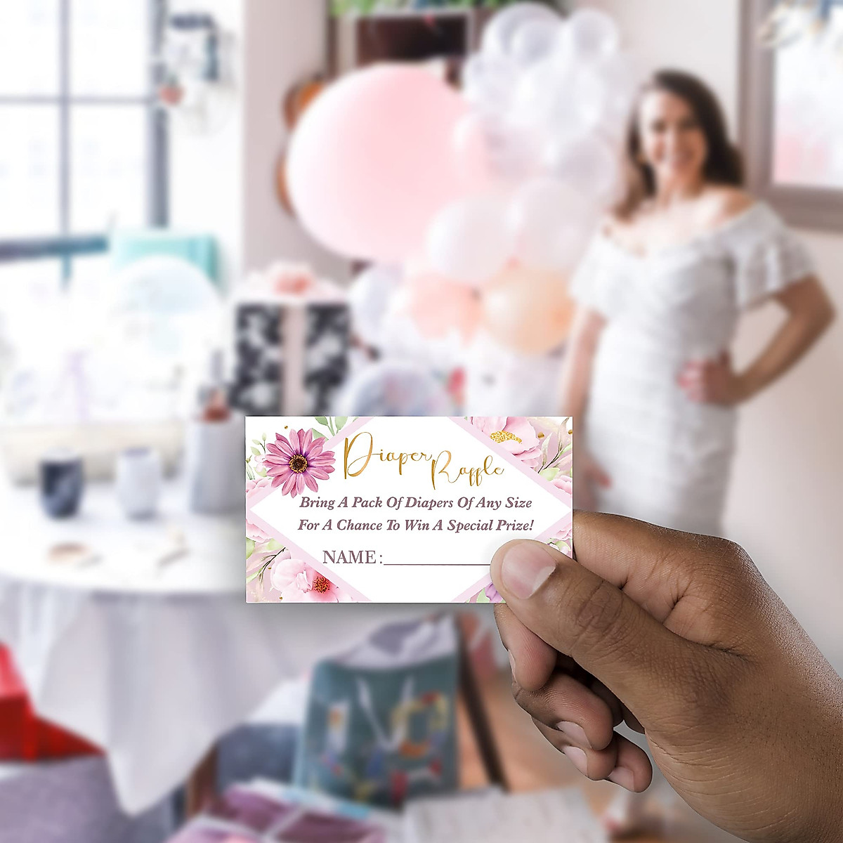 Diaper Raffle Sign,Diaper Raffle Baby Shower Game Kit (1 Standing Sign + 50 Guessing Cards),Greenery Blush Pink Floral Insert Ticket,Baby Showers Decorations,Card for Baby Shower Game to Bring a Pack of Diapers-XN13