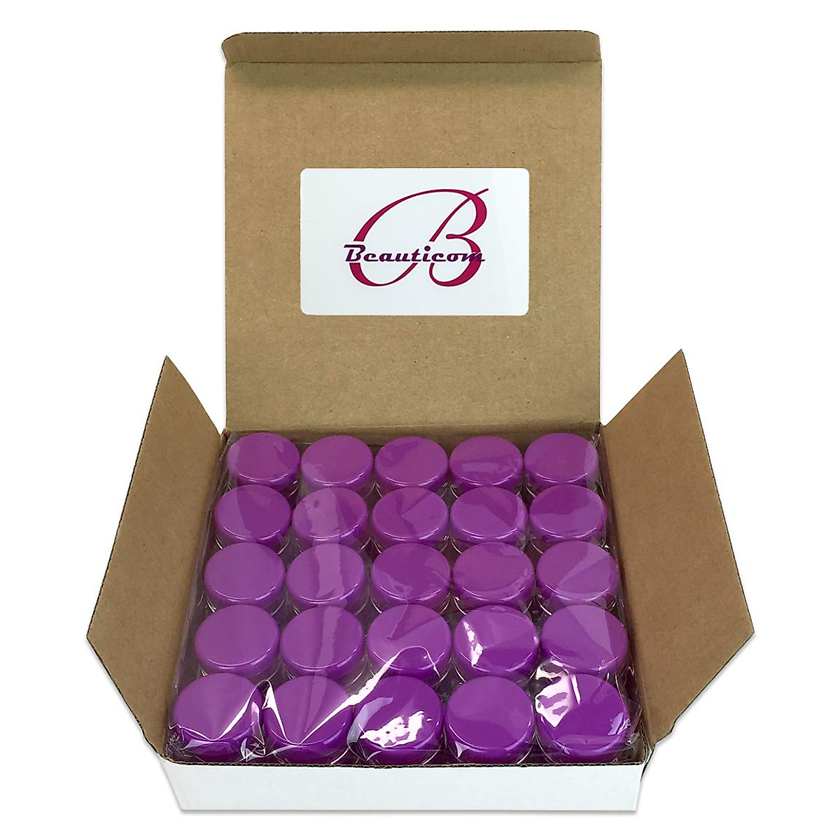 50 Empty 5 Grams Acrylic Clear Round Jars - BPA Free Containers for Cosmetic, Lotion, Cream, Makeup, Bead, Eye shadow, Rhinestone, Samples, Pot, Small Accessories 5g/5ml (Purple Lid)