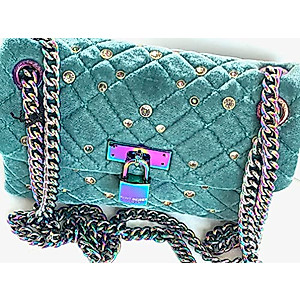 Kurt Geiger Women’s Mini Brixton Lock Crystal Beaded Teal Quilted Crossbody Shoulder Bag